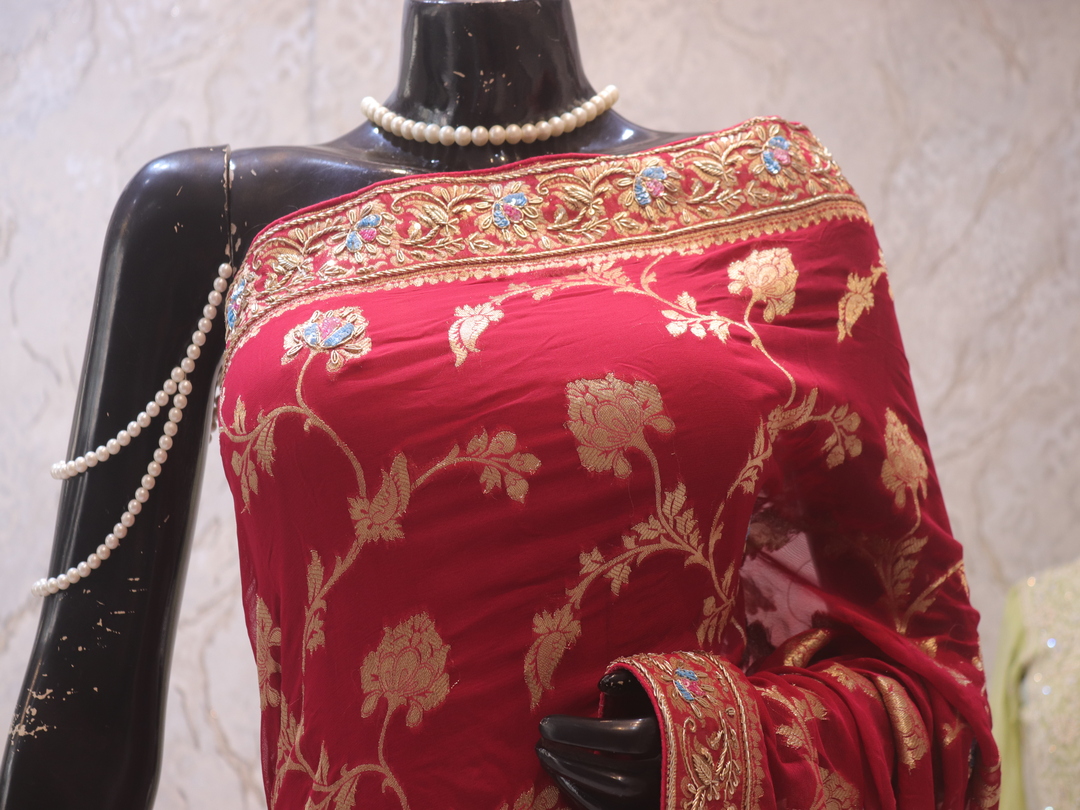 “The Rouge Pink” Premium Banarasi Chiffon Saree - Arang Online