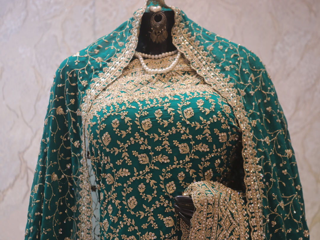 “The Persian Green” Premium Designer Saree with Veil - Arang Online